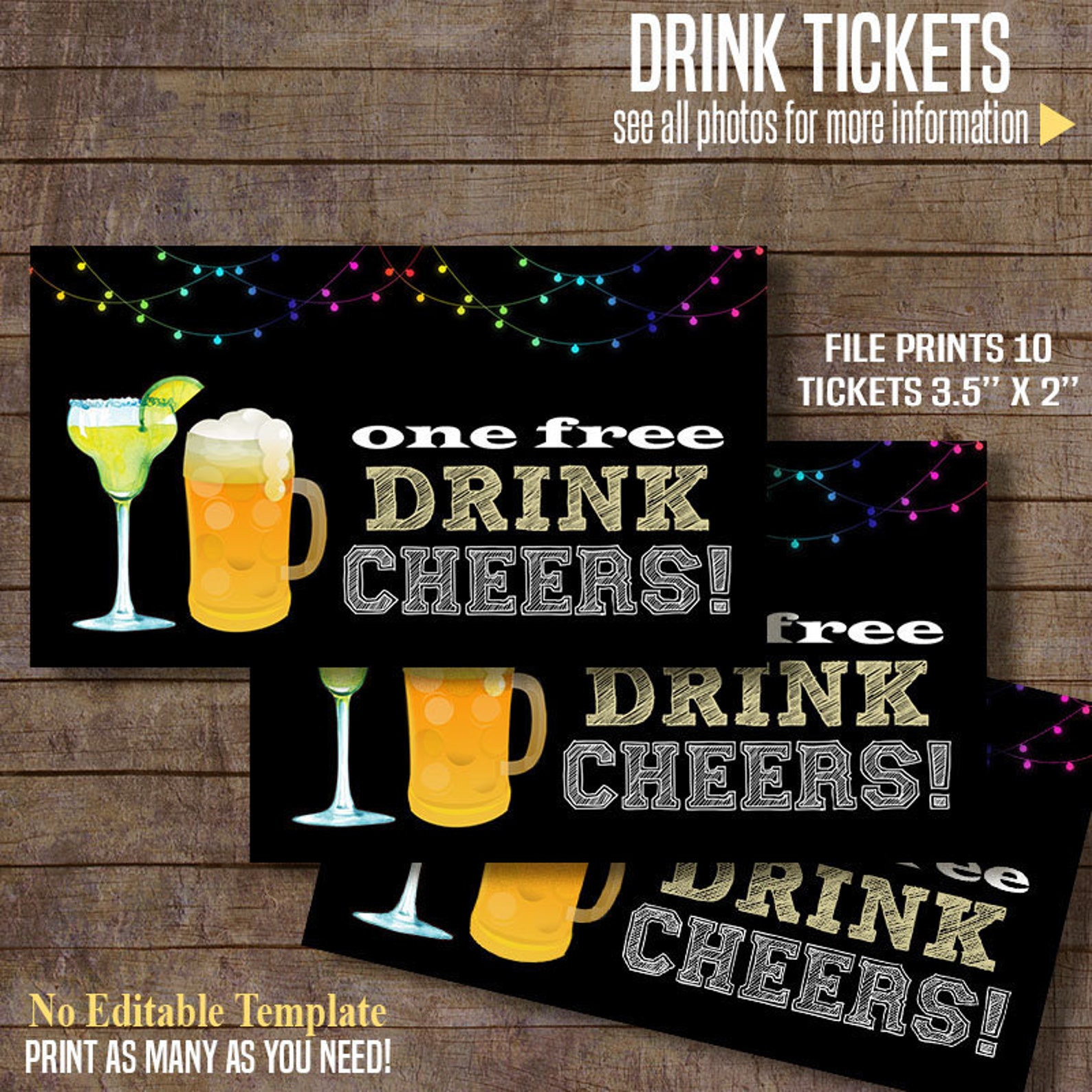 Printable One Free Drink Cheers! Tickets, Free Bar Party Small Tickets ...