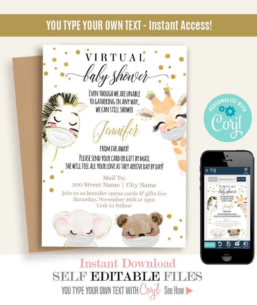 Virtual Baby Shower Invitation, Print or Email, Editable Template, Edit ...