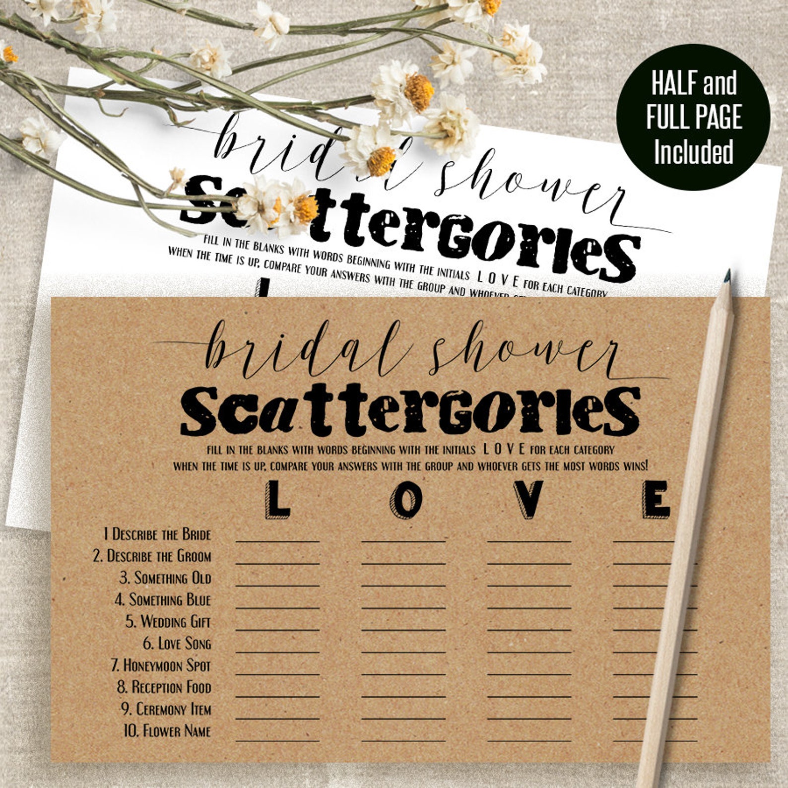 Printable Bridal Shower Scattergories Game Instant Download - Etsy