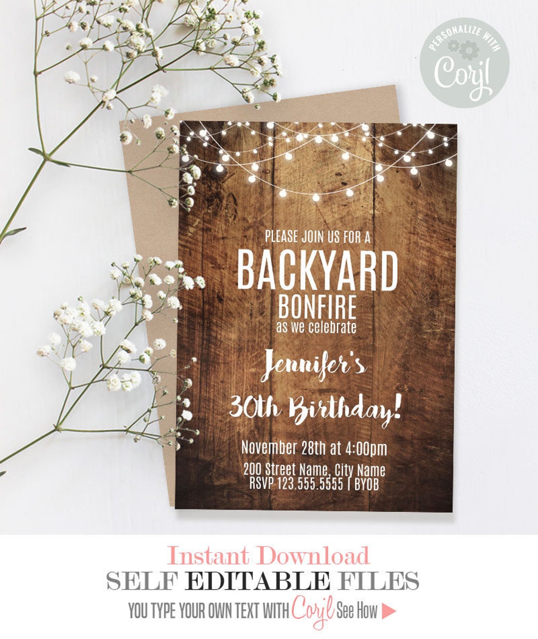 Backyard Invitation, Rustic Invite, Printable Editable Template ...