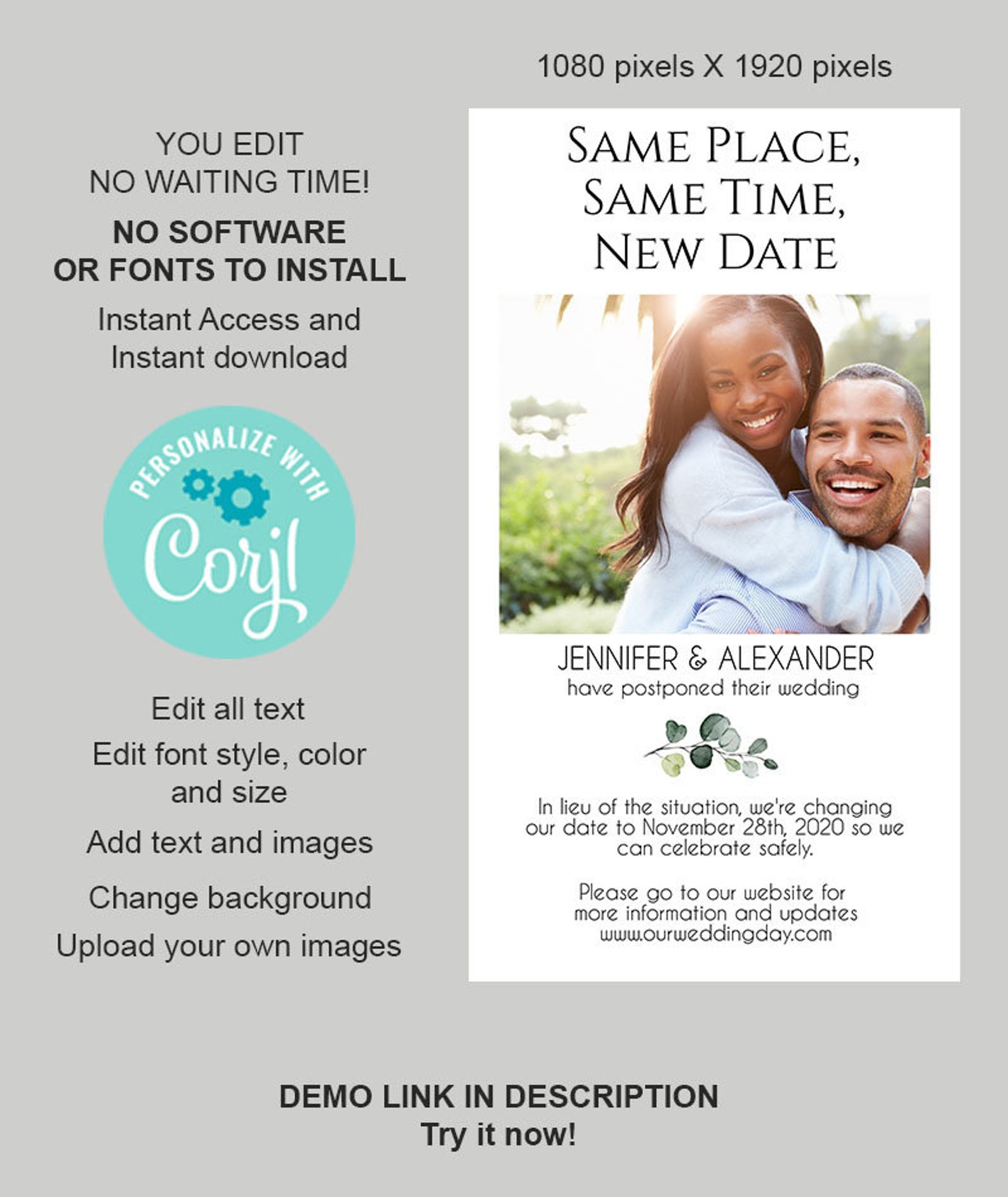 New date announcement change the date text email social | Etsy