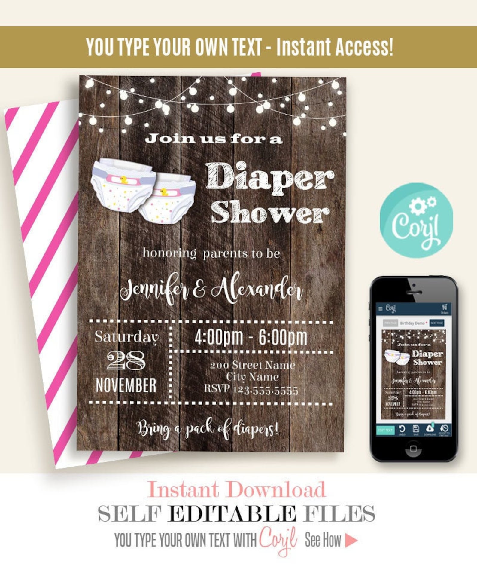 Diaper Shower Invitation, Baby Shower, Printable Editable Template ...