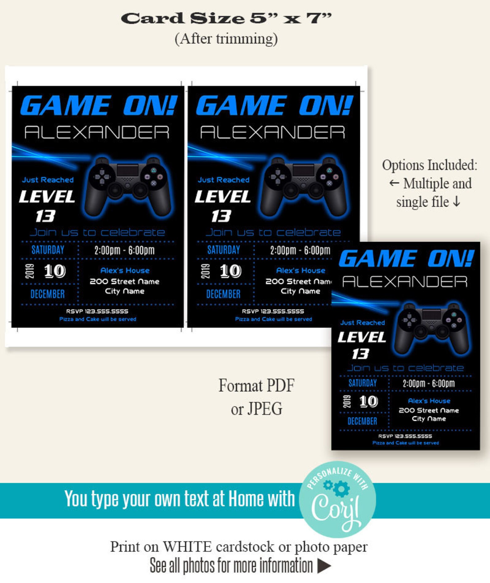 Game Invitation Blue Video Game Birthday Party Editable - Etsy