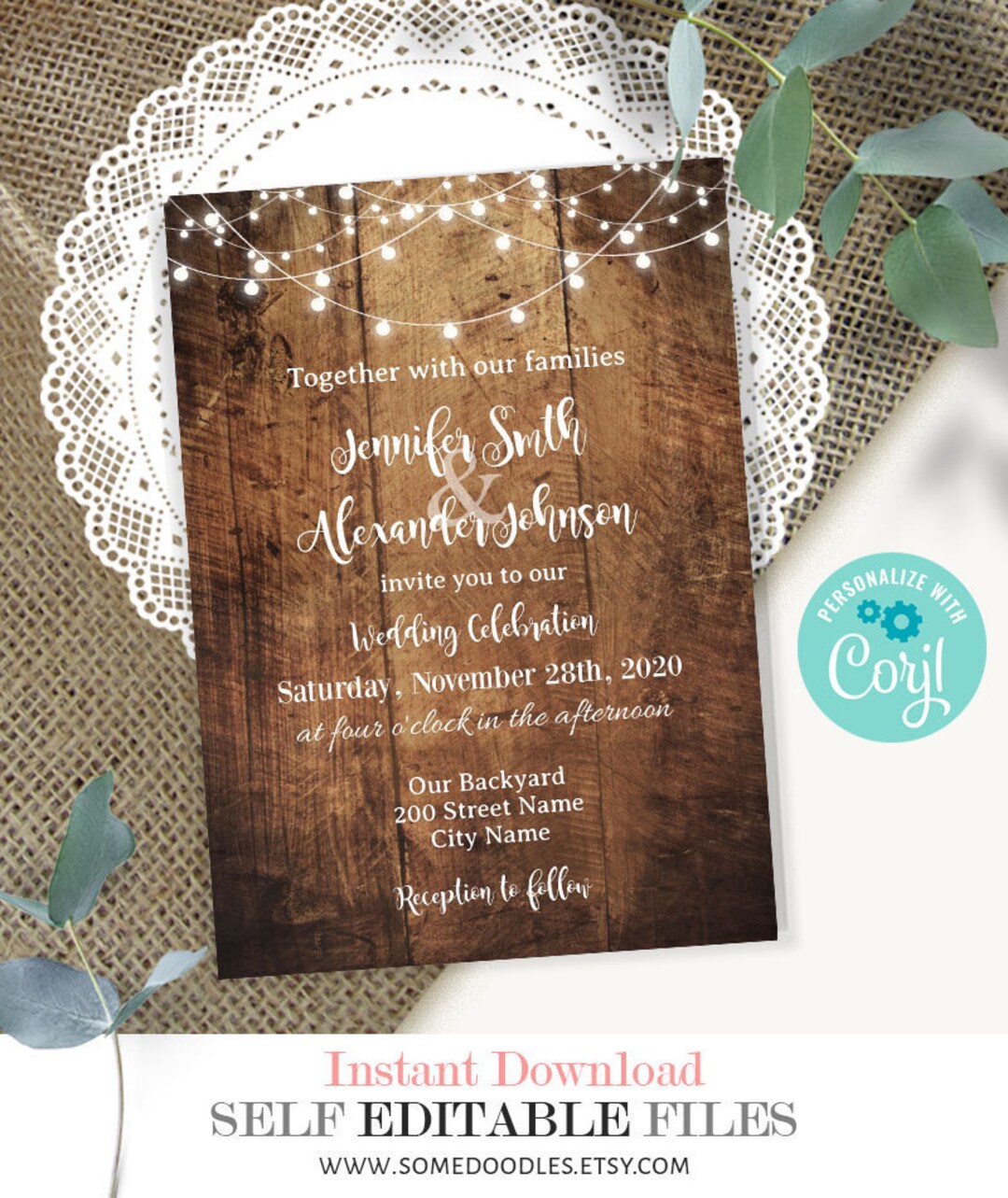 Rustic Wedding Invitation With Wood Background and String Lights ...
