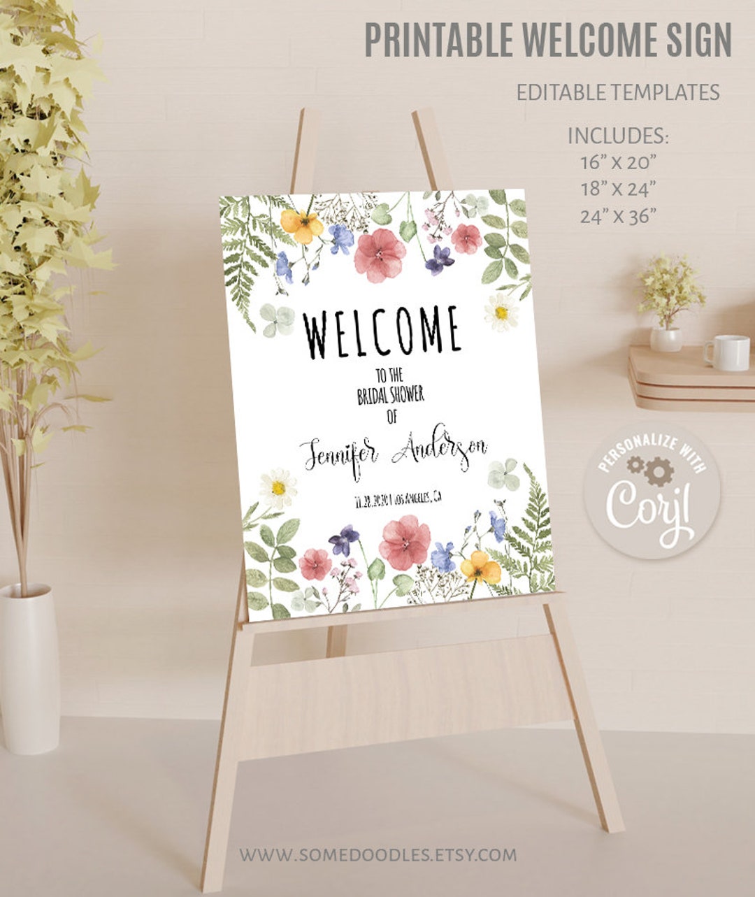 Wildflowers Welcome Sign, Printable Self-editable Template, Floral ...