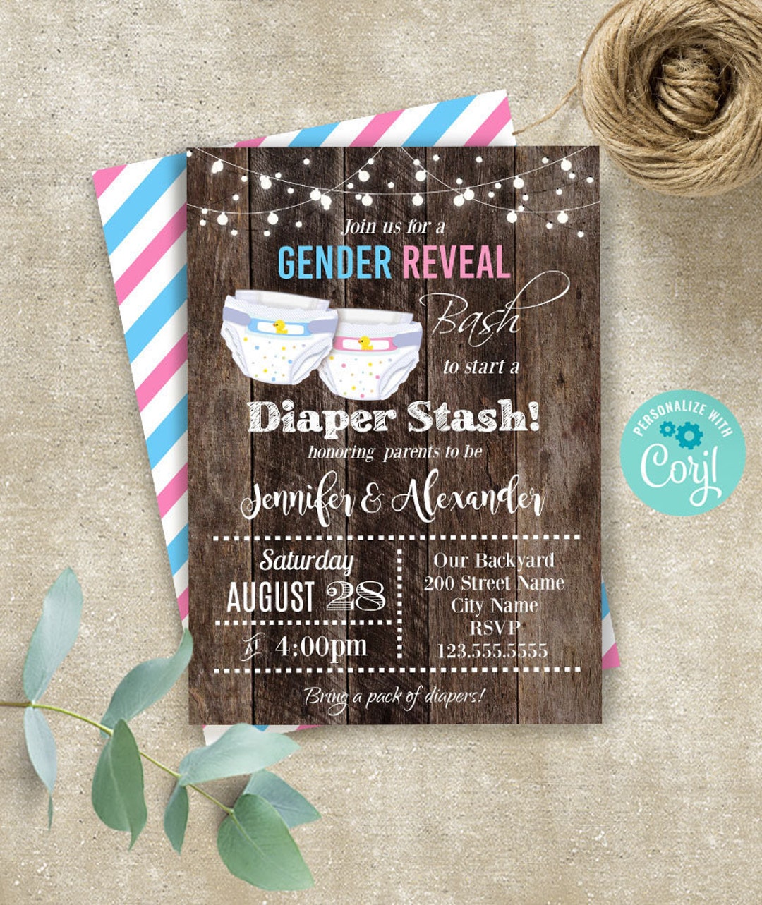 Rustic Gender Reveal Bash to Start Diaper Stash Invitation, Instant ...