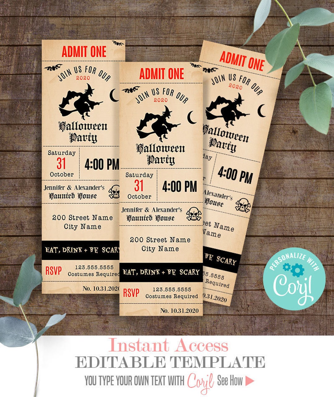 Halloween Party Ticket Invitation, Instant Download Self-editable ...