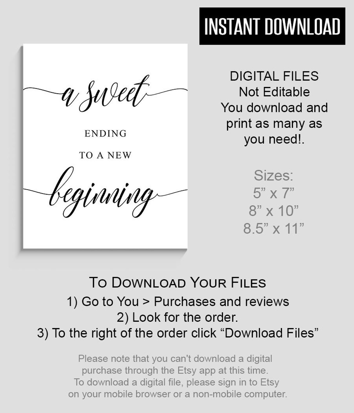 A Sweet Ending to a New Beginning, Printable Party Signs, Minimalist ...