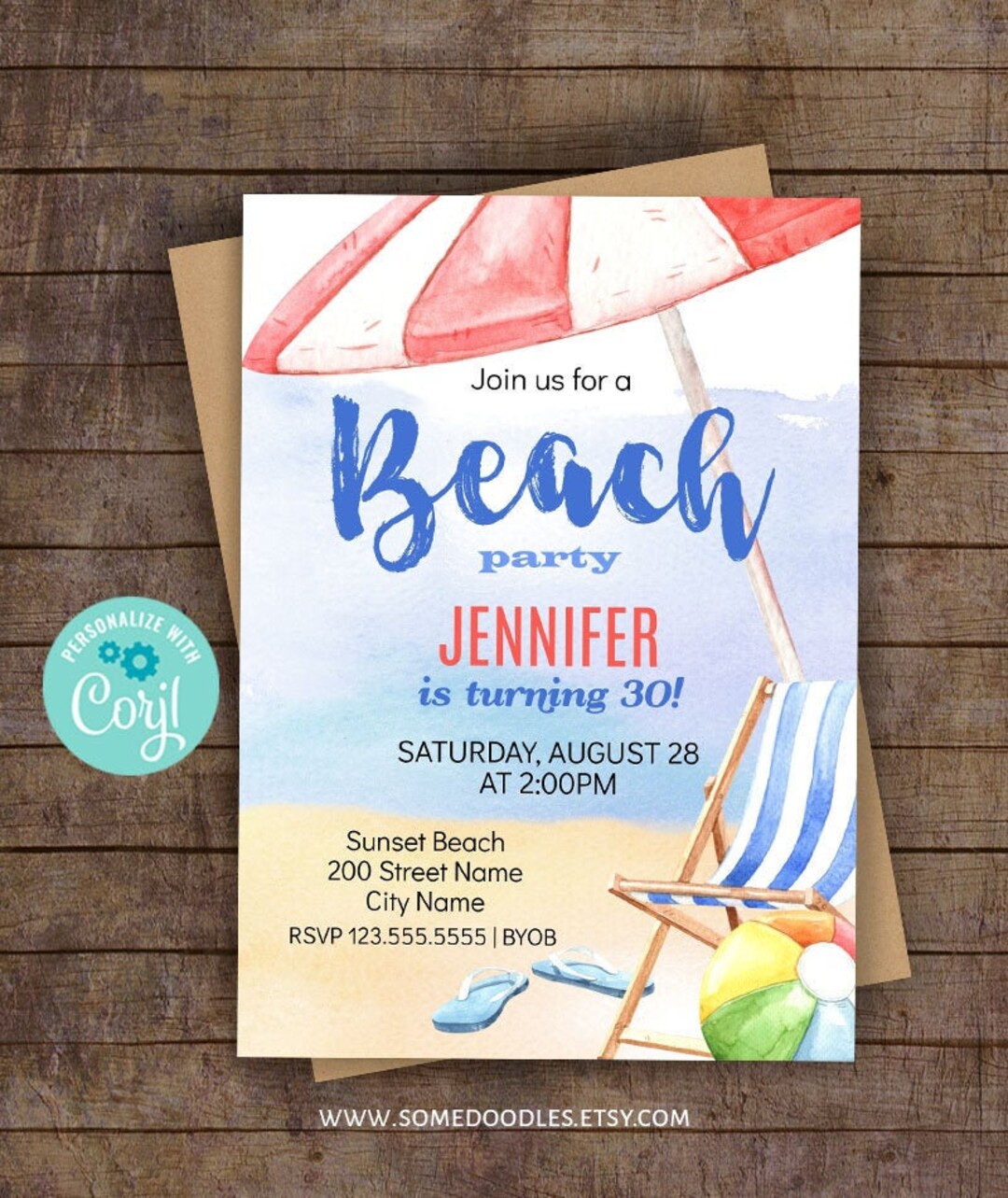 Beach Party Invitation, Printable Self-editable Template, Instant ...