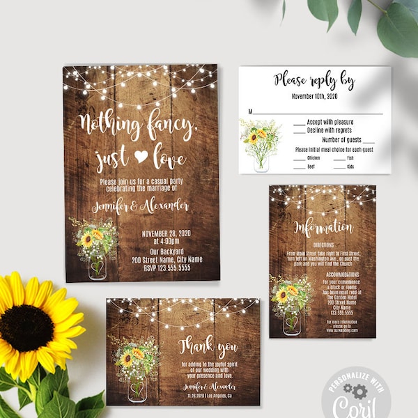 Rustic Sunflower Wedding Invitation Template - Etsy