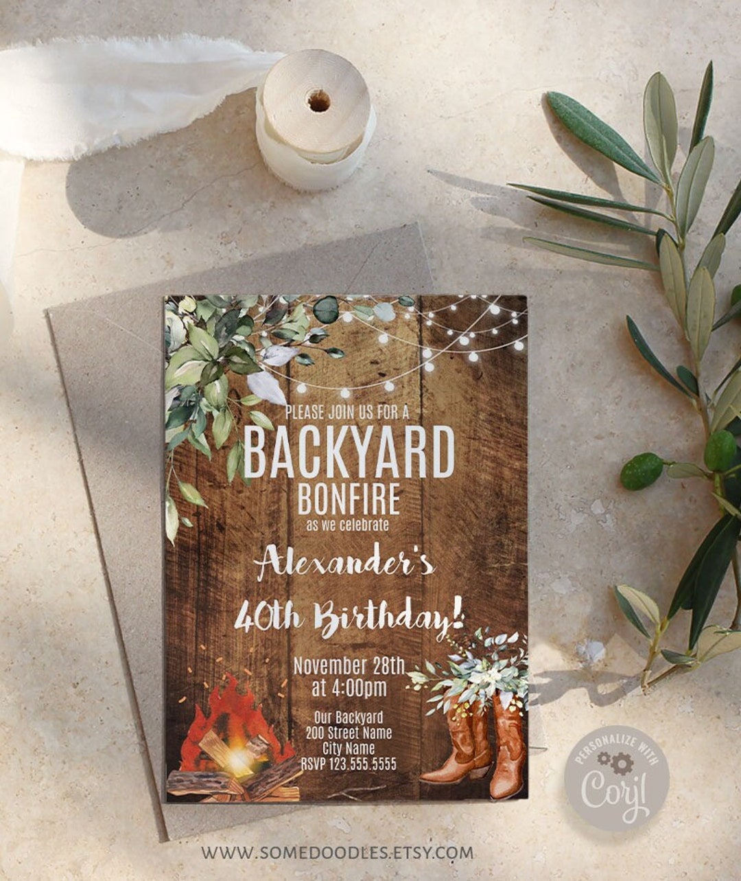 Rustic Bonfire Party Invitation: Wood Background, Editable Template ...