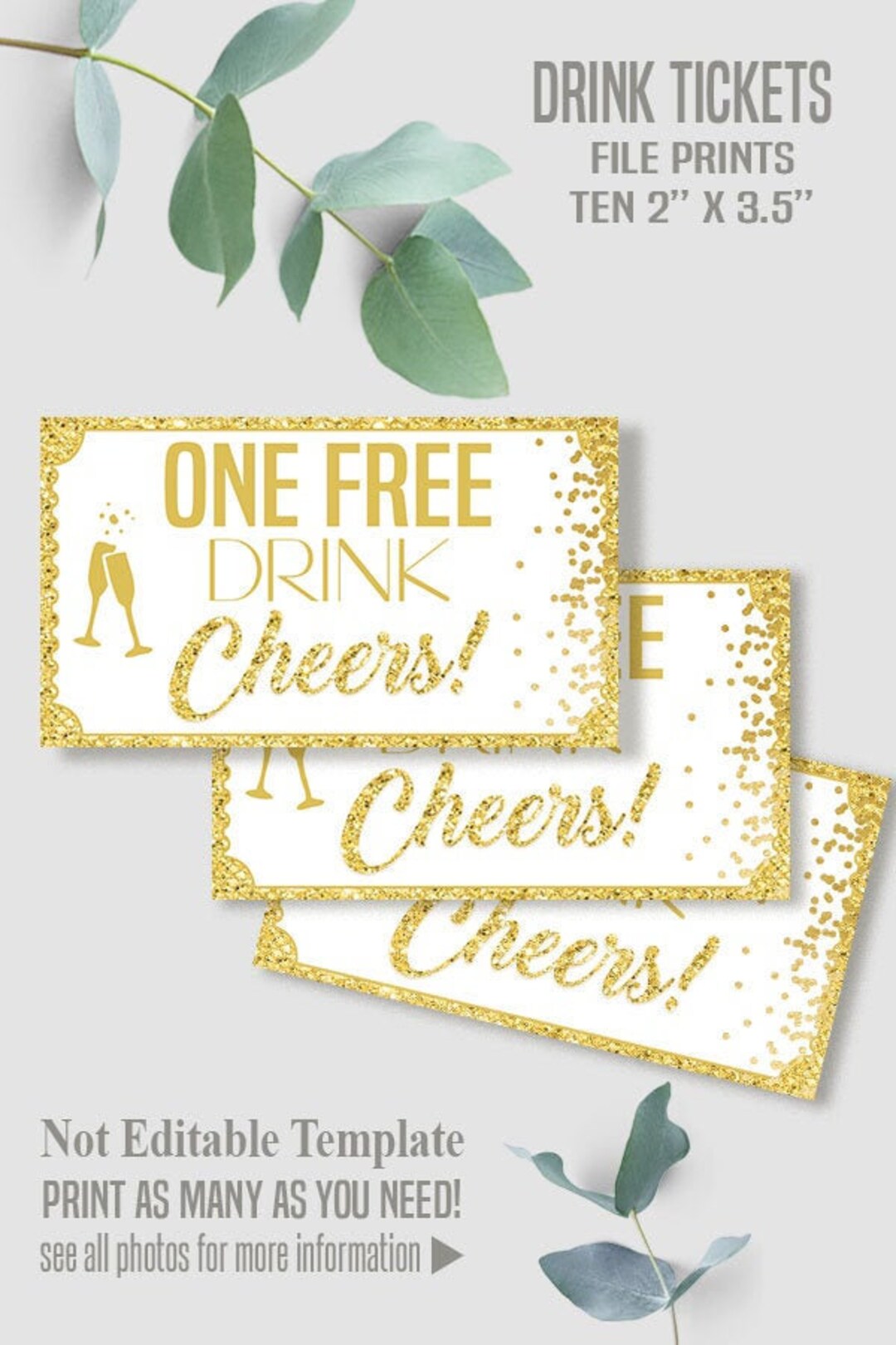 One Free Drink Cheers! White and Faux Gold Glitter Printable Party ...