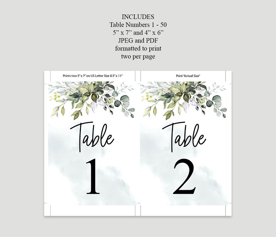 Greenery Table Signs Modern Table Numbers Instant Download - Etsy