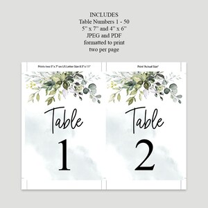 Greenery Table Signs, Modern Table Numbers, Instant Download Printable ...