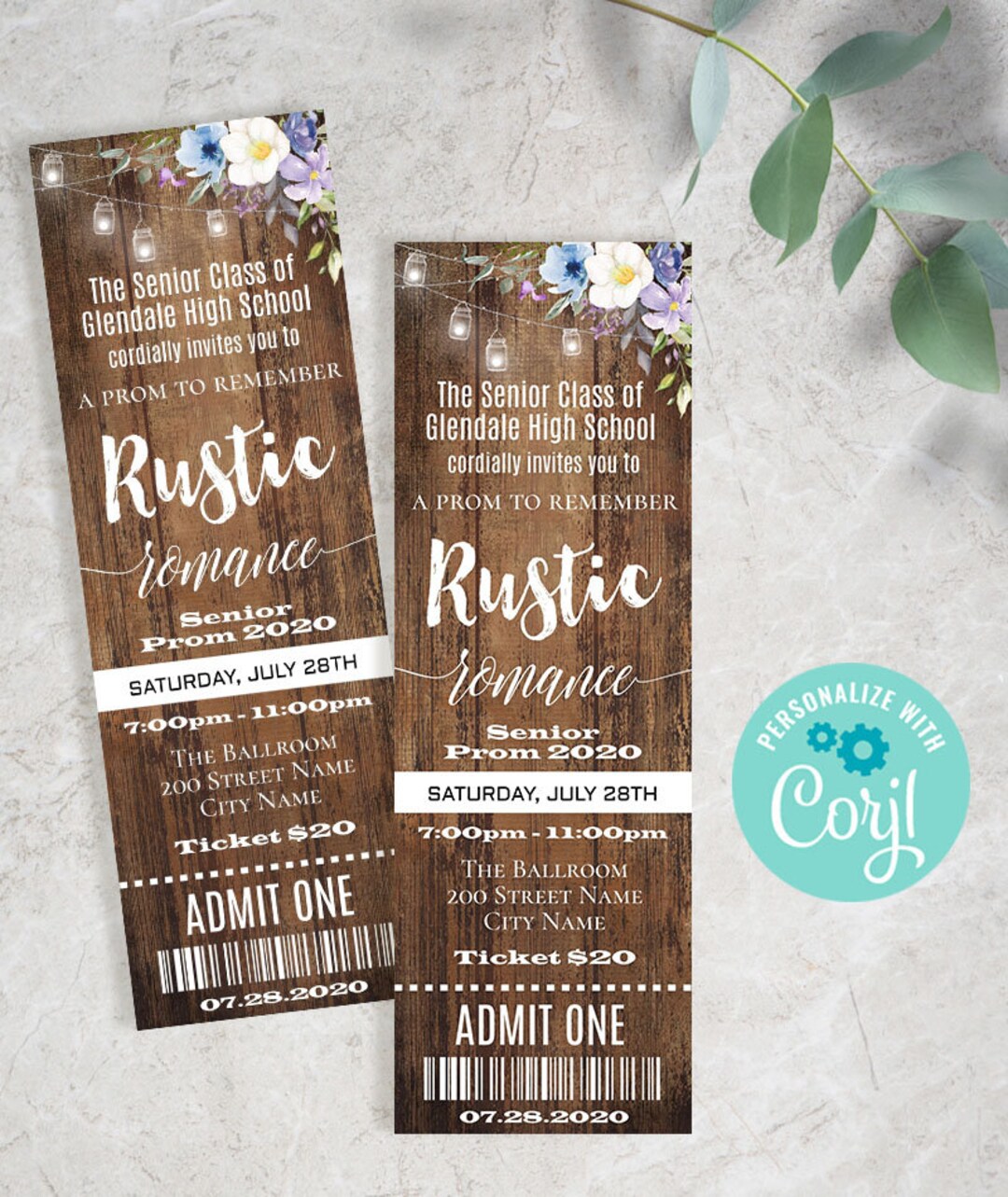 Floral Rustic Prom Ticket Invitation, Self-editable Template, Instant ...