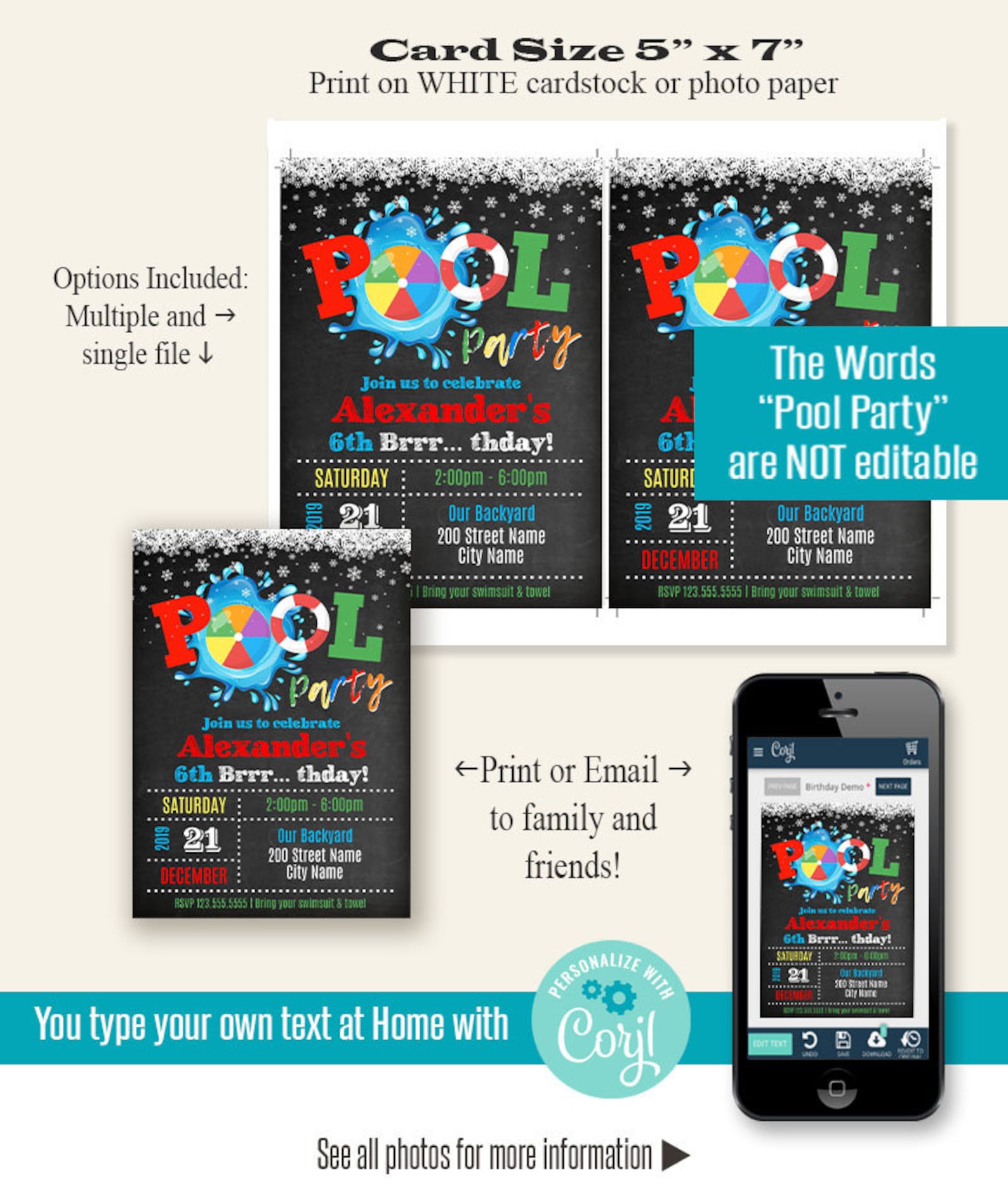 Winter Pool party invitations printable birthday invite | Etsy