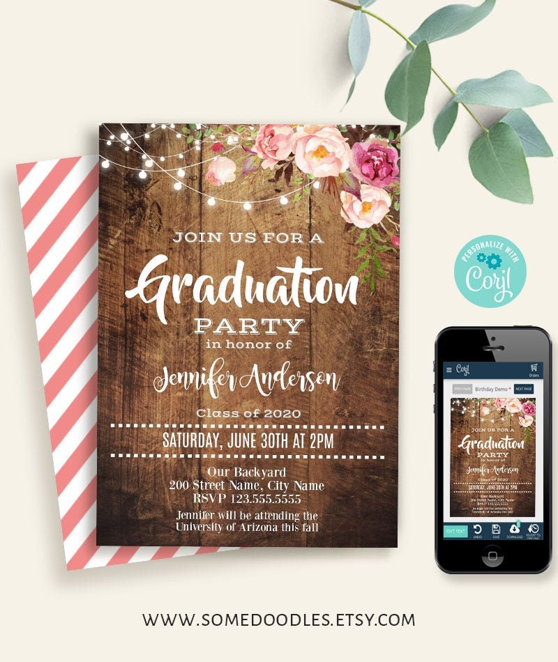 Floral Graduation Invitation Printable Rustic Wood Lights | Etsy