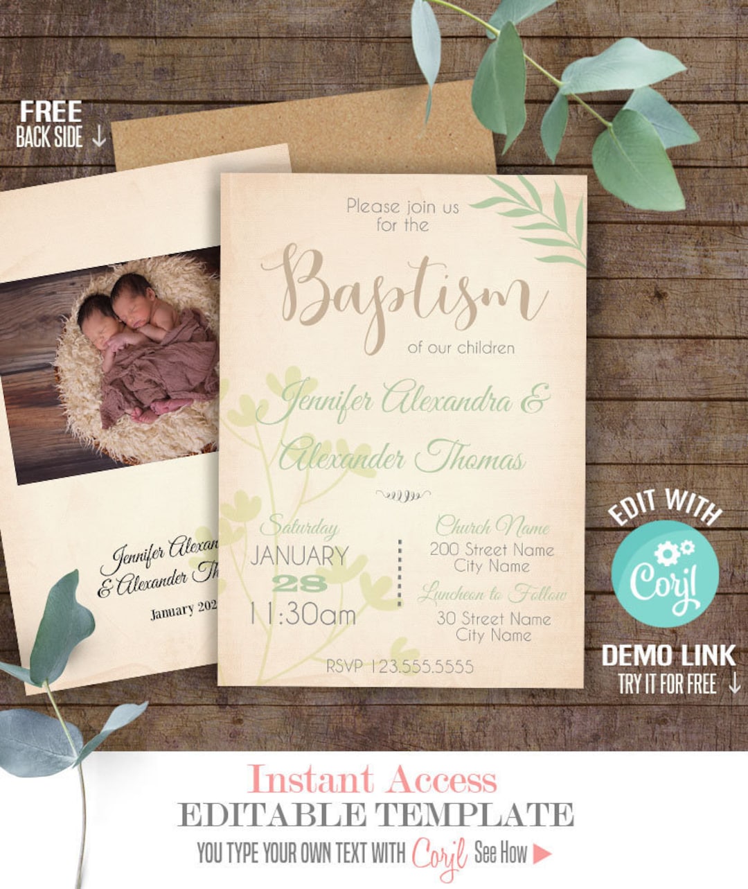 Baptism Invitation Printable Editable Template Instant - Etsy