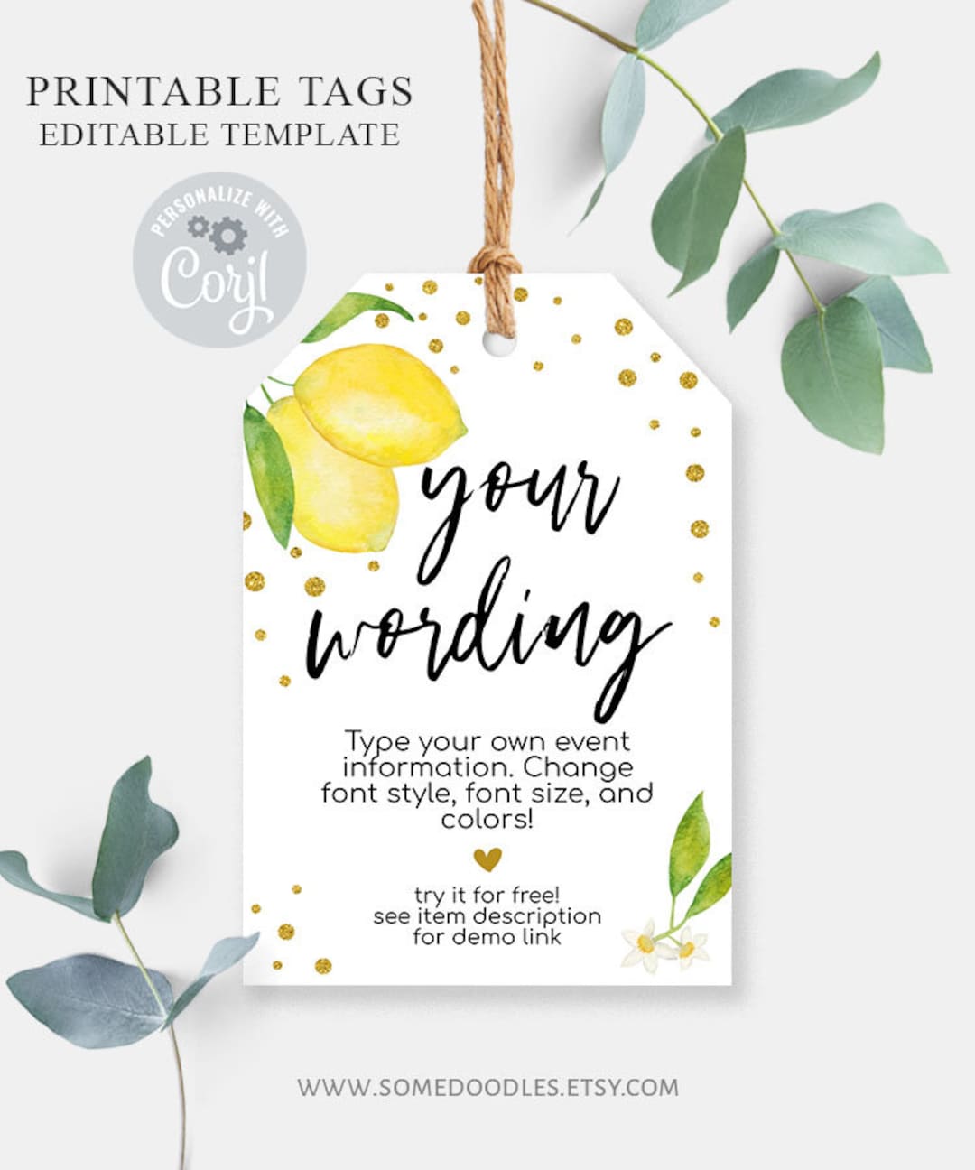 EDITABLE Lemon Tag Template, Gift or Favor Tags, You Edit and Print as ...