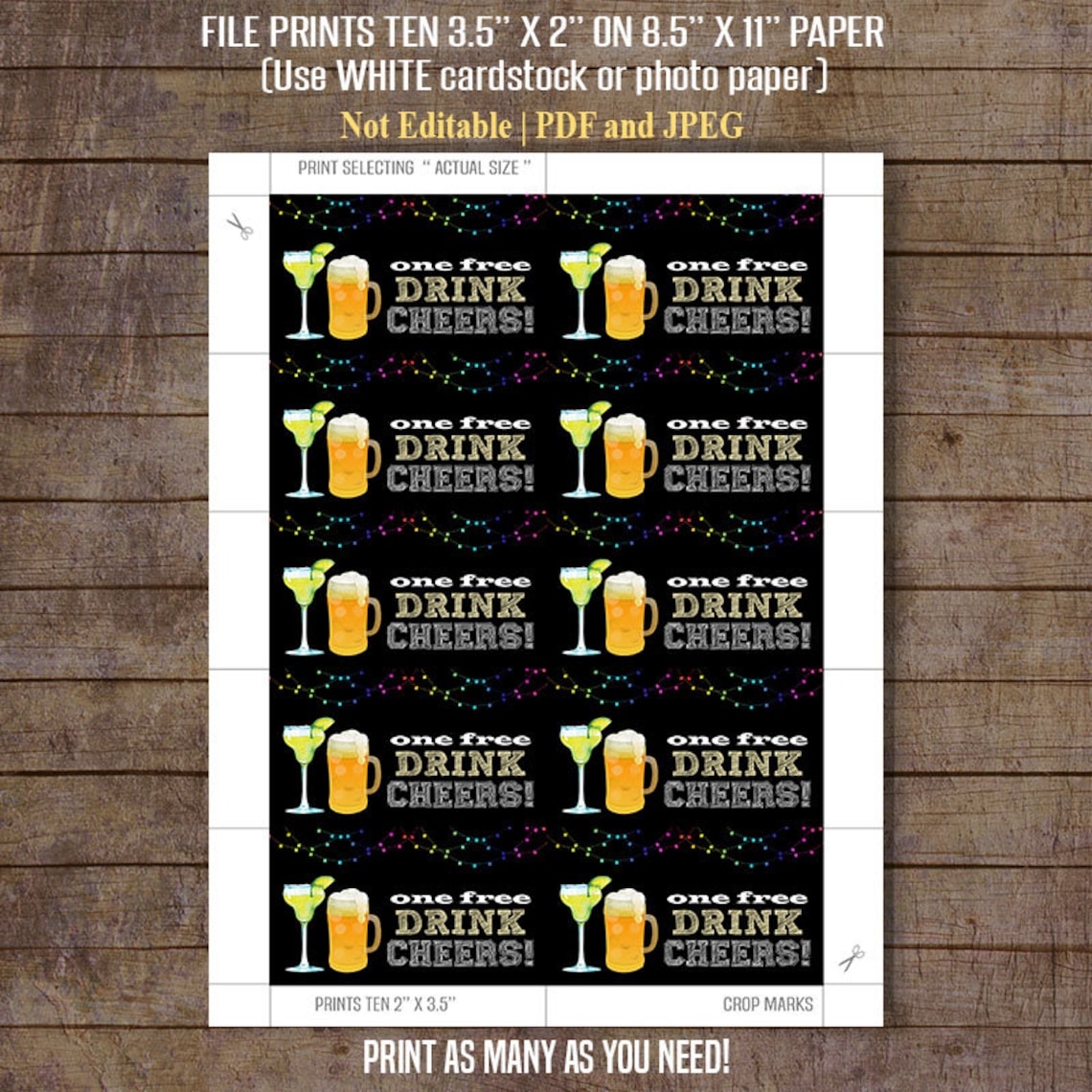 Printable One Free Drink Cheers Tickets Free Bar Party Small - Etsy