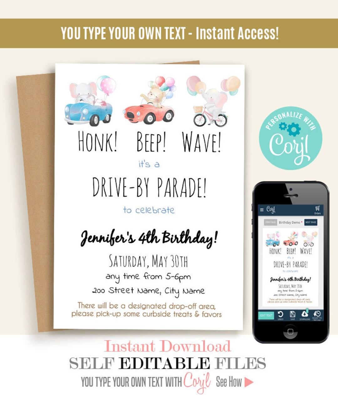 Drive-by Party Parade Invitation, Printable and Text Invite, Editable ...