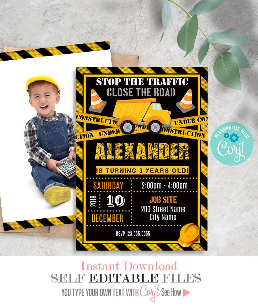 Construction Birthday Party Invitation, Editable Template, Instant ...