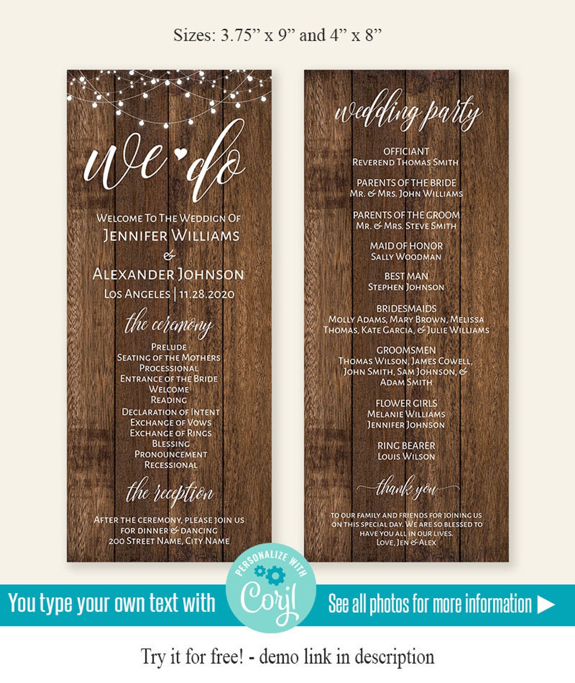 Rustic Wedding Program, Printable Editable Template, Instant Download ...