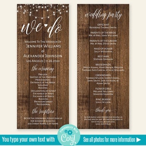 Rustic Wedding Program, Printable Editable Template, Instant Download ...