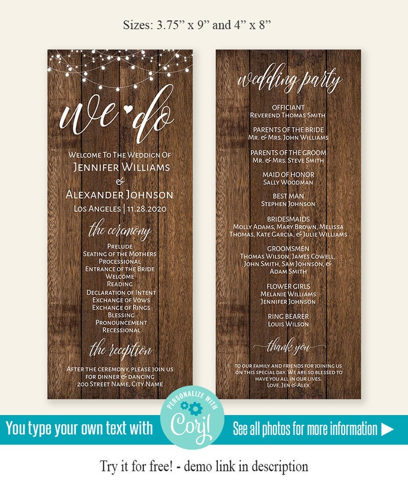 Rustic Wedding Program Printable Editable Template Instant - Etsy