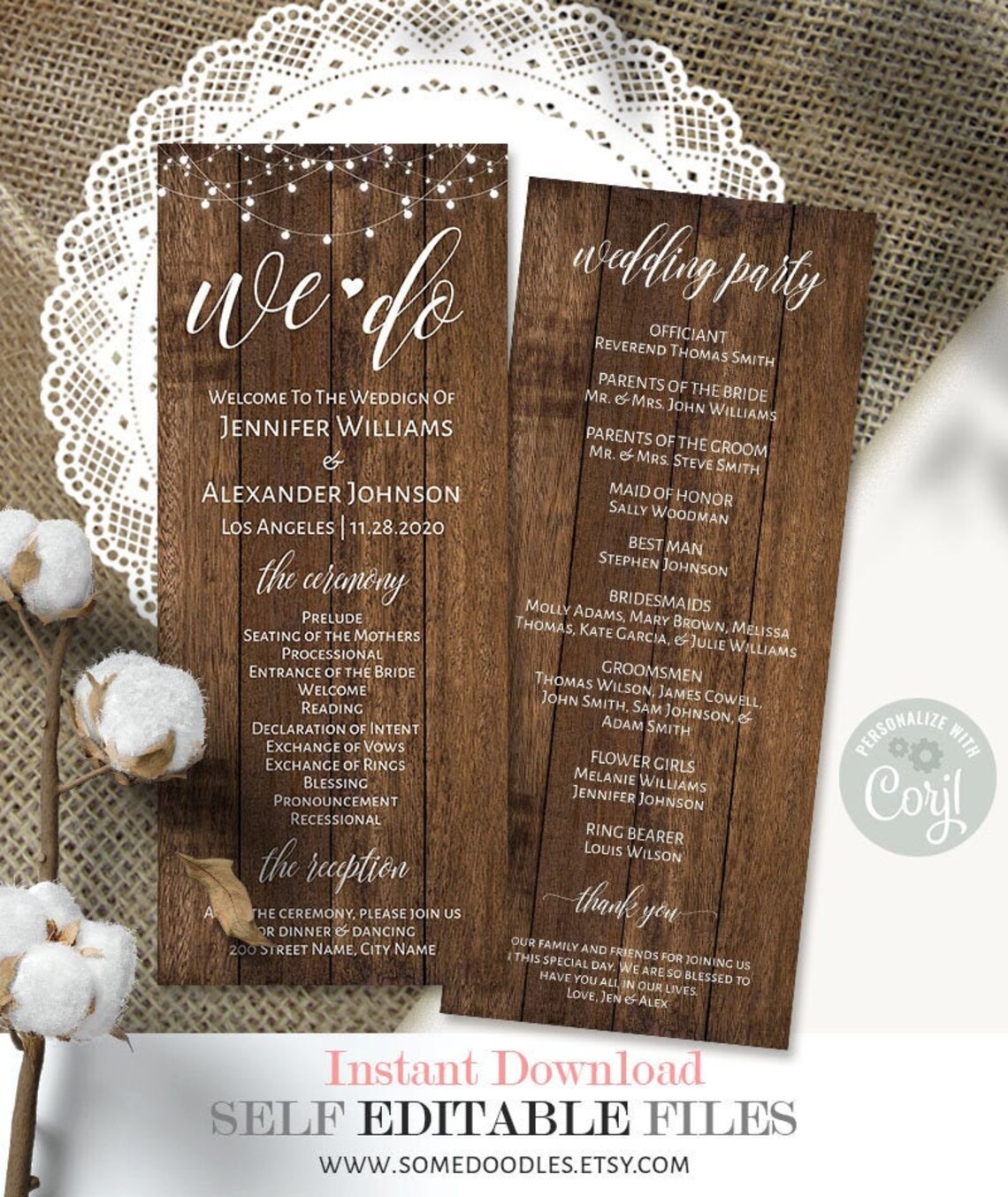 Rustic Wedding Program, Printable Editable Template, Instant Download ...