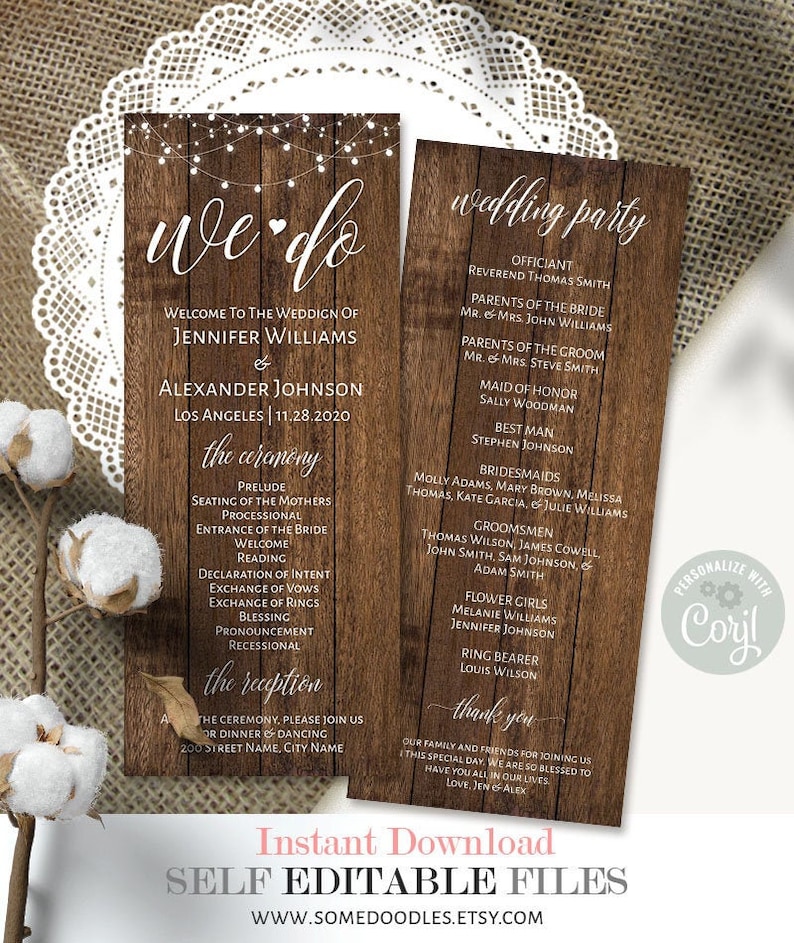 Rustic Wedding Program Printable Editable Template Instant - Etsy