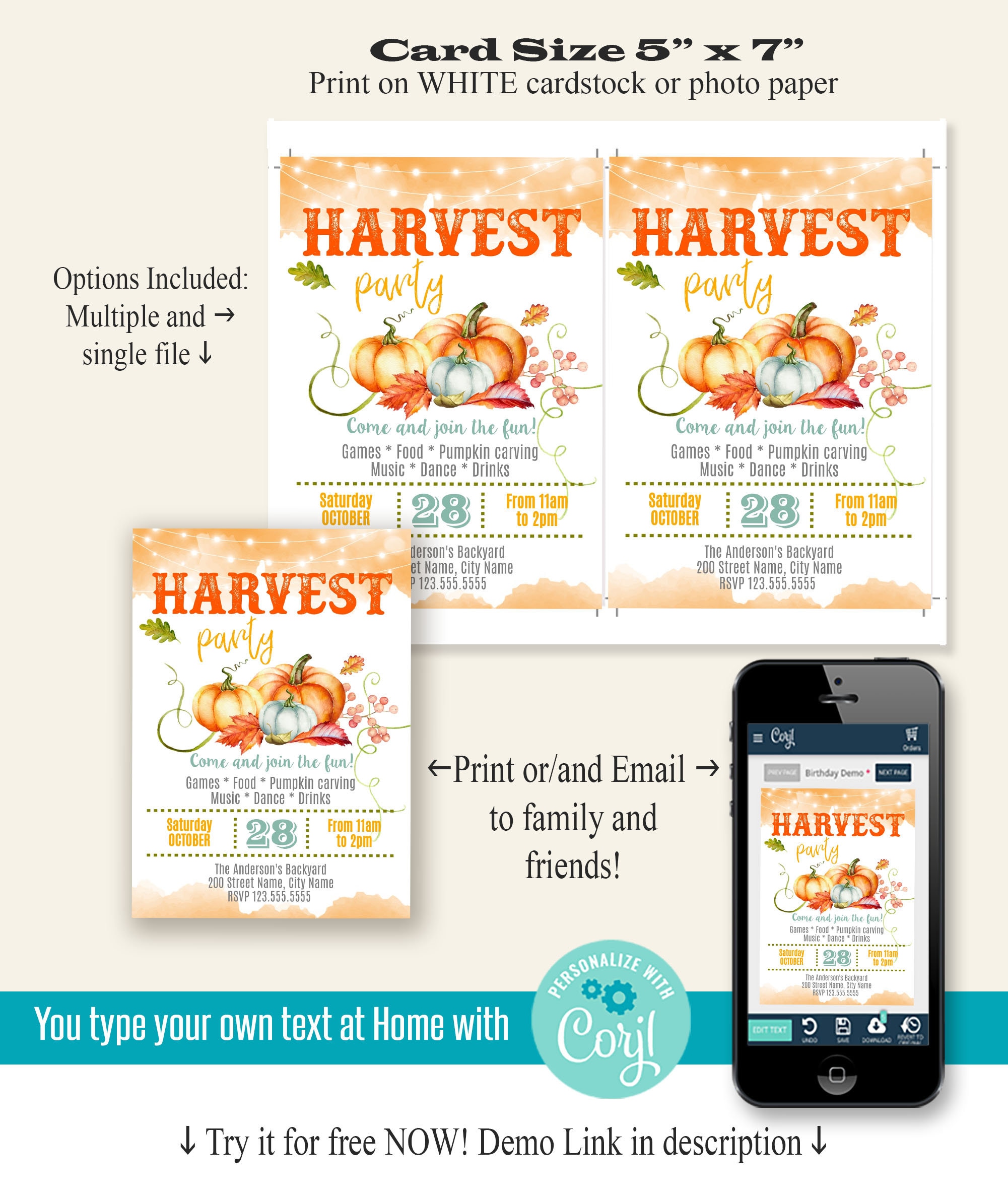 Harvest Party Invitation, Self-editable Template, Instant Download ...