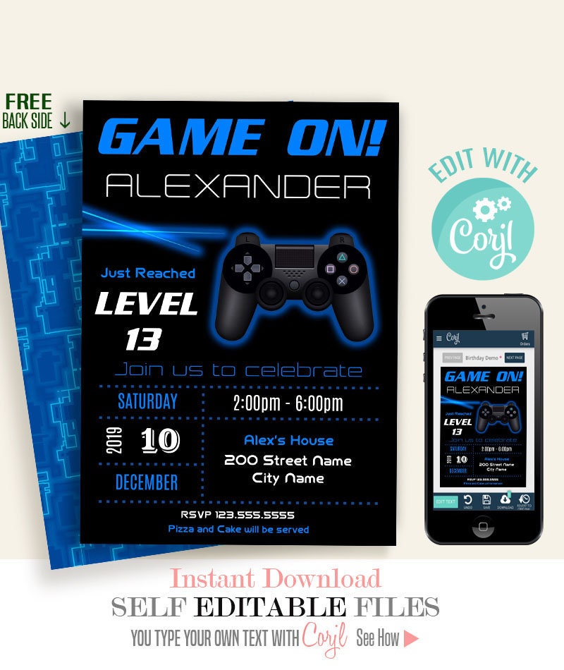 Game Invitation Blue Video Game Birthday Party Editable - Etsy