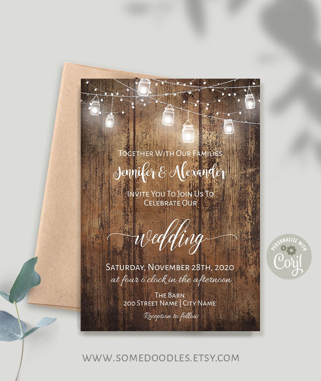 Rustic Wedding Invitation, Rustic Wood and Mason Jar Lights, Instant ...