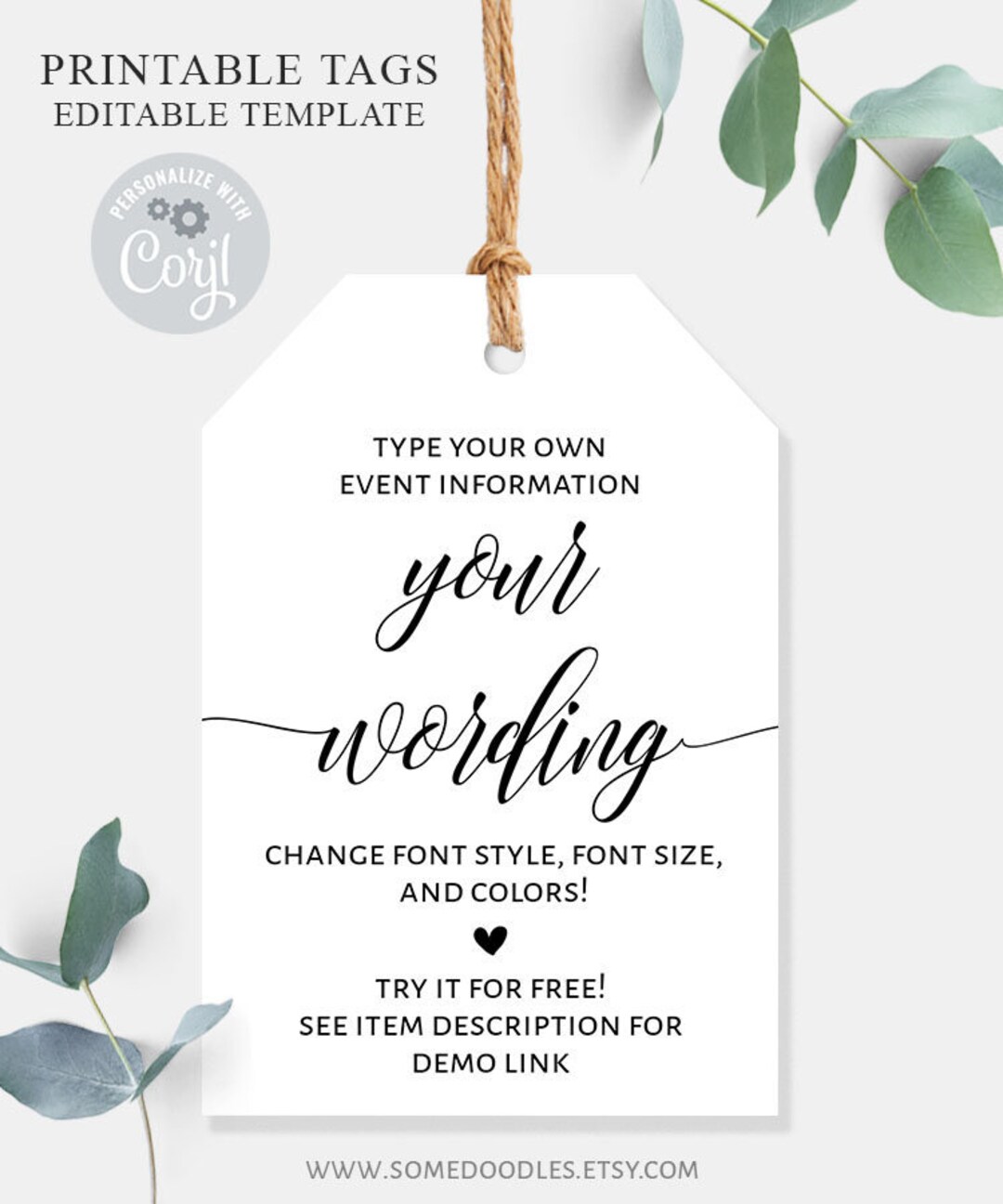 EDITABLE Tag Template, Custom Gift or Favor Tags, You Edit and Print as ...