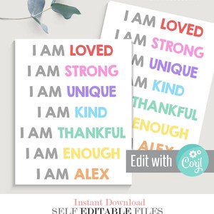 Editable Affirmations Wall Art, Printable Kids Room and Nursery ...