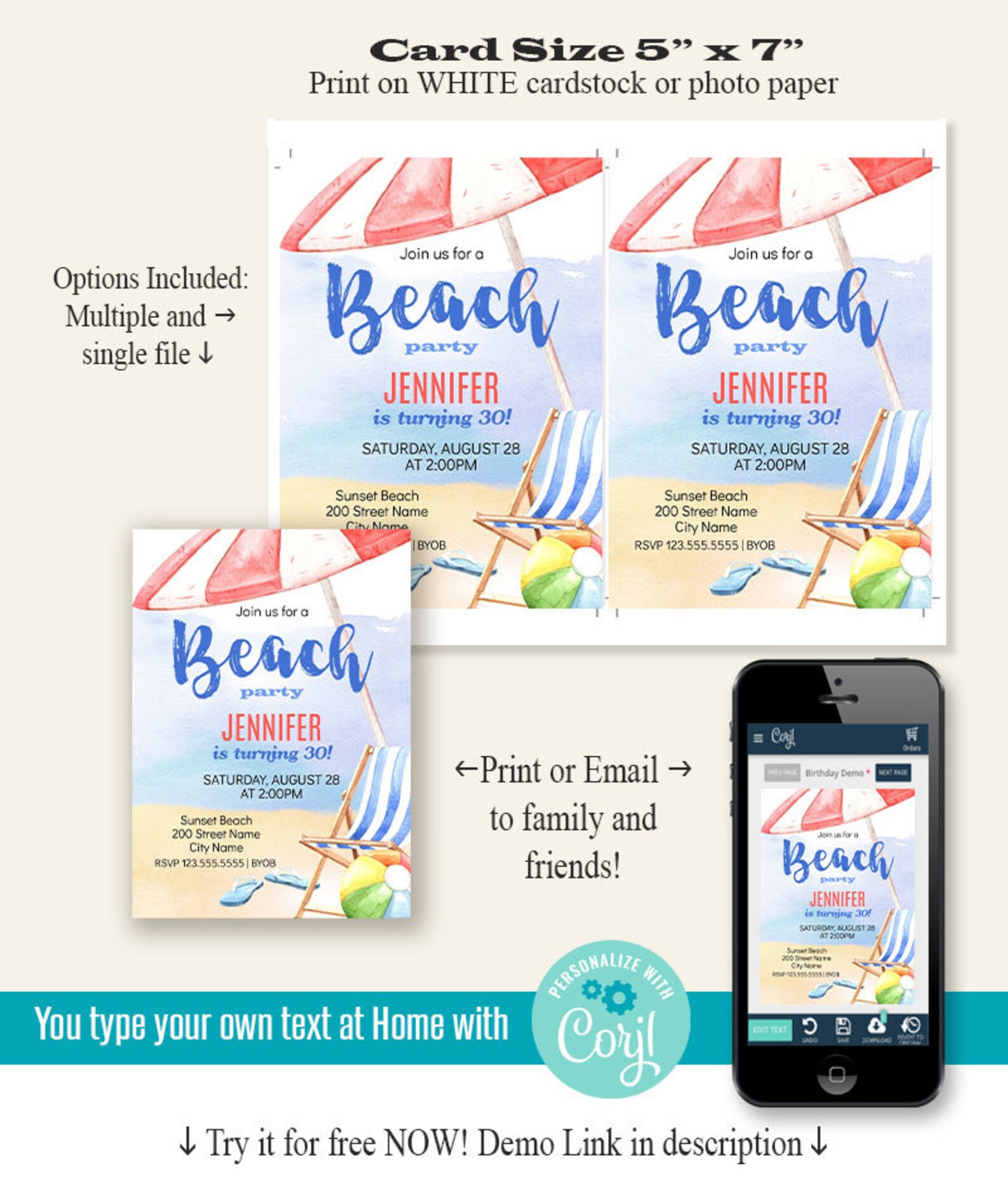 Beach Party Invitation Printable Self-editable Template | Etsy