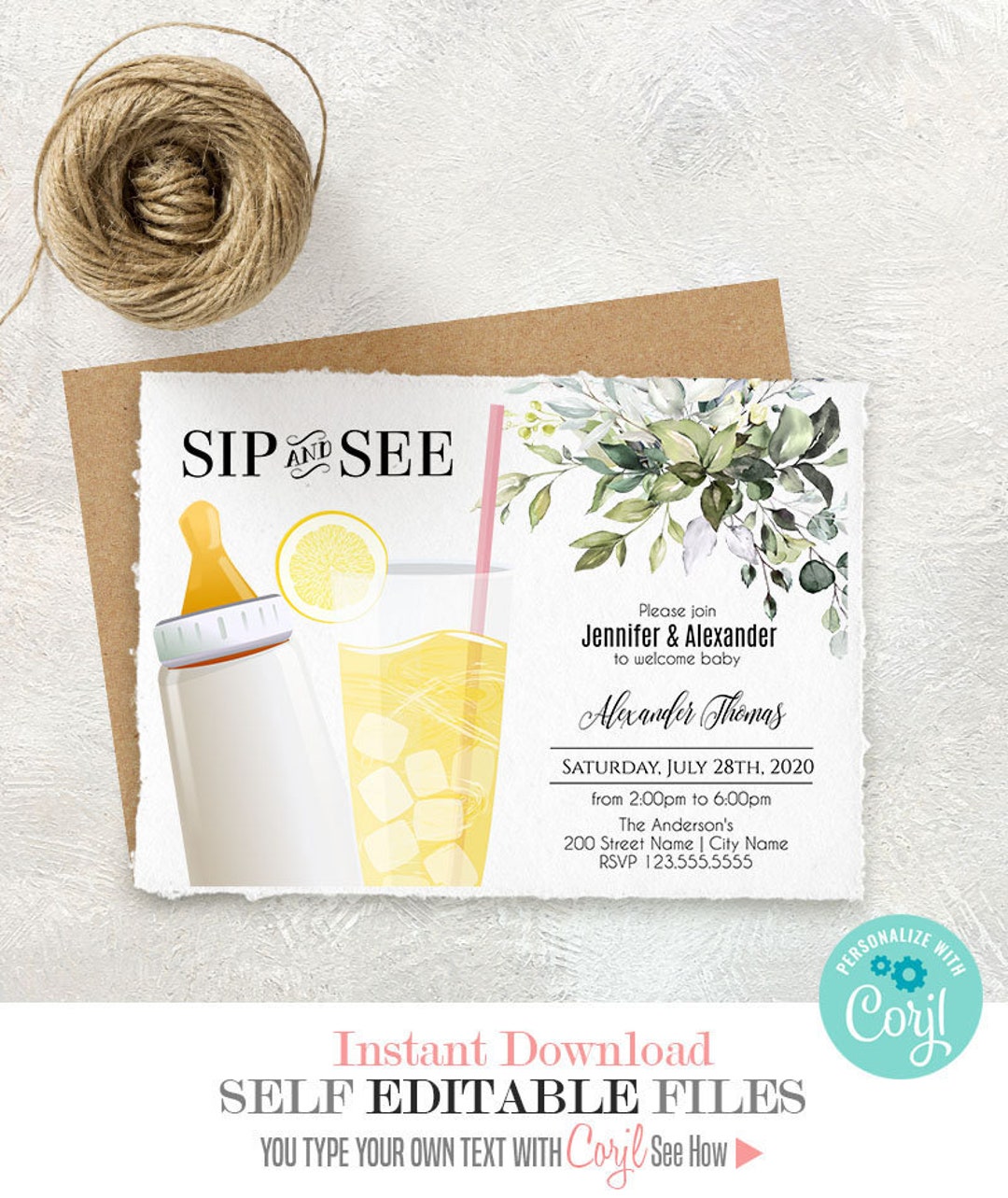 Sip and See Welcome Baby Invitation, Printable Editable Template ...