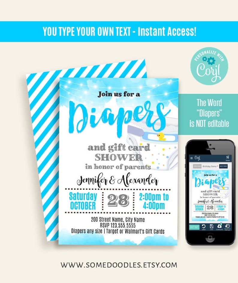 Diapers Party Invitation, Printable, Editable Template, Instant ...