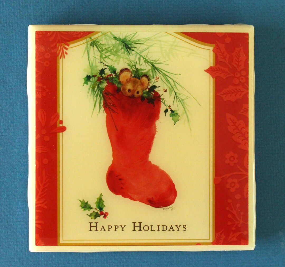 4 Handcrafted Decorative Ceramic Tiles of Christmas Stockings - 4 1/4 X ...