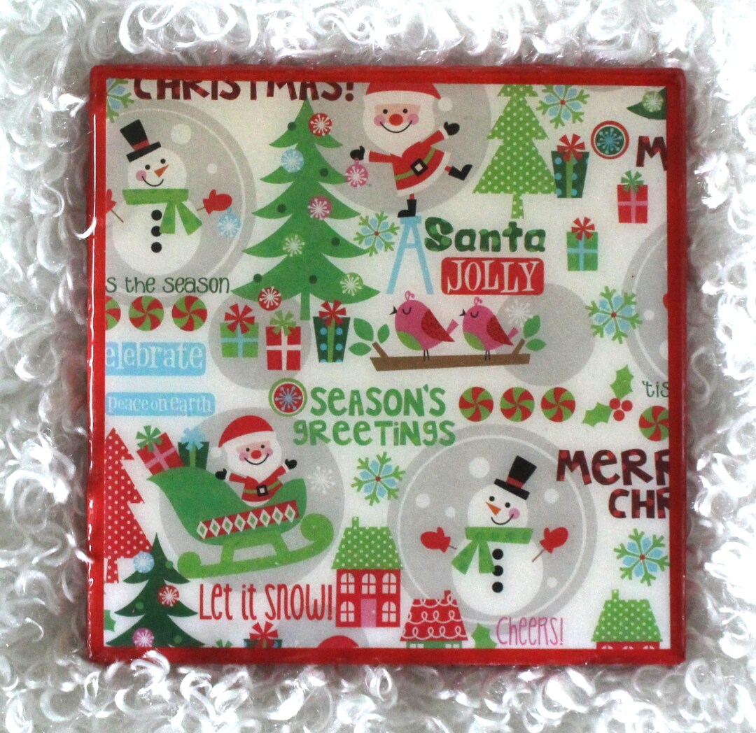 4 Handcrafted Decorative Ceramic Tiles of Santa and Holiday Greetings ...