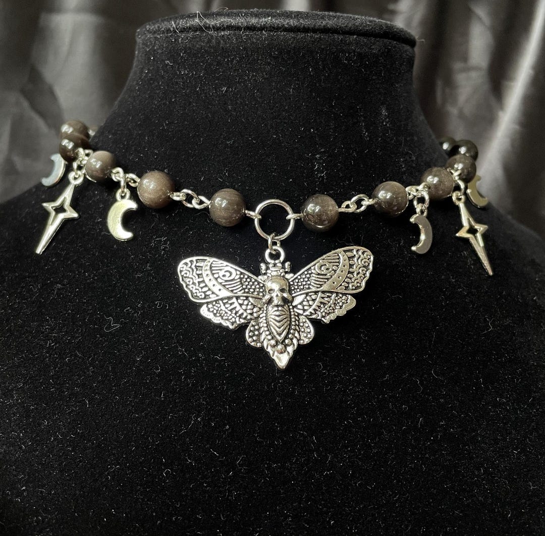 Lunar Eclipse Moth Choker | Silver Sheen Obsidian Moth Choker ...