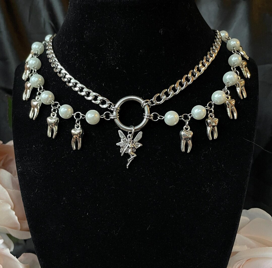 Tooth Fairy Choker Tooth Charm Glass Pearl Choker Alt Goth Tooth ...