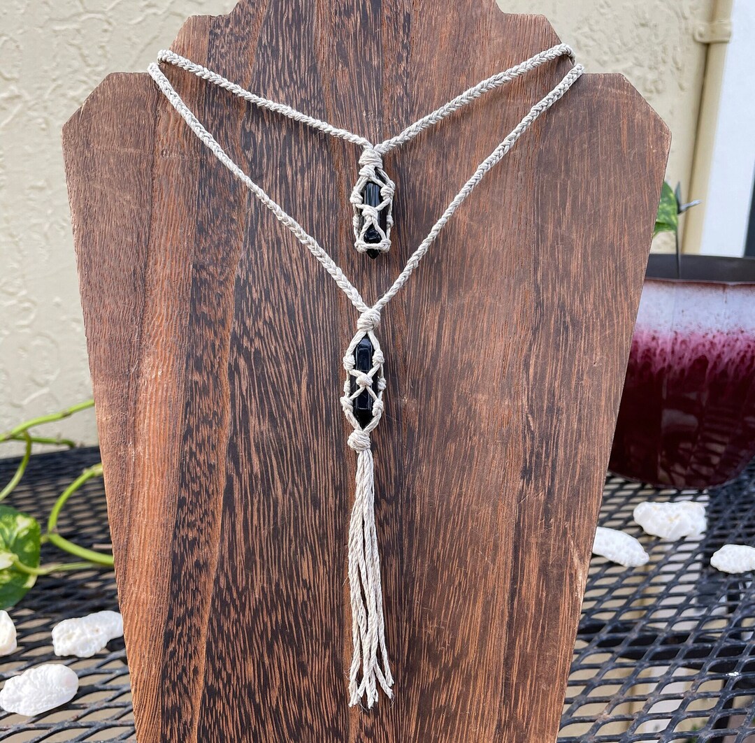 Obsidian Macrame Crystal Chokers | Natural Hemp Crystal Chokers | Hemp ...
