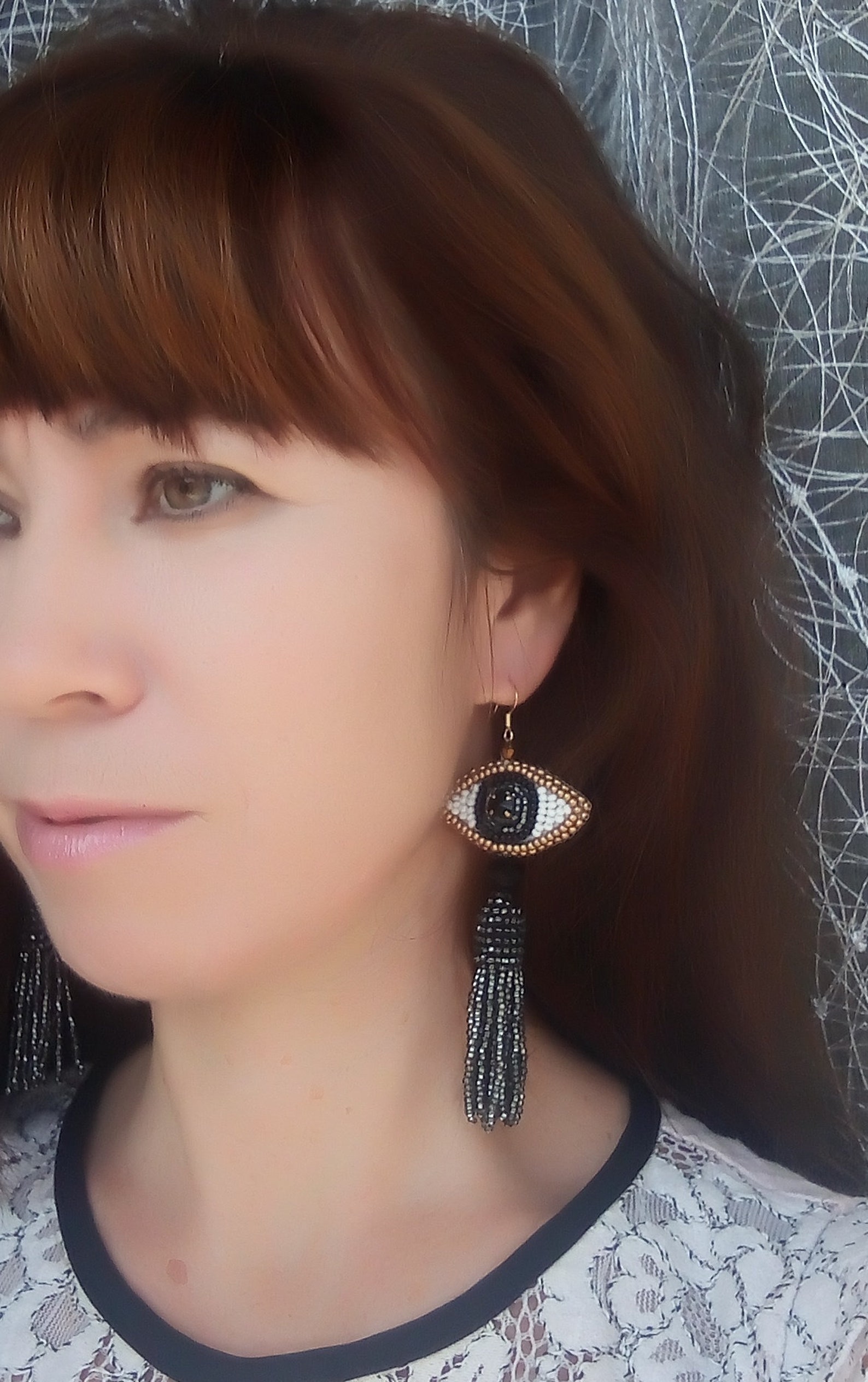 Evil Eye Earrings With Beaded Tassel Black Beaded Eye Long Shining ...