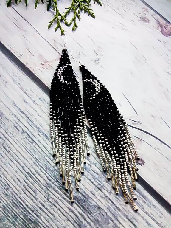 Moon beaded earrings Black gold Silver long fringe earrings | Etsy