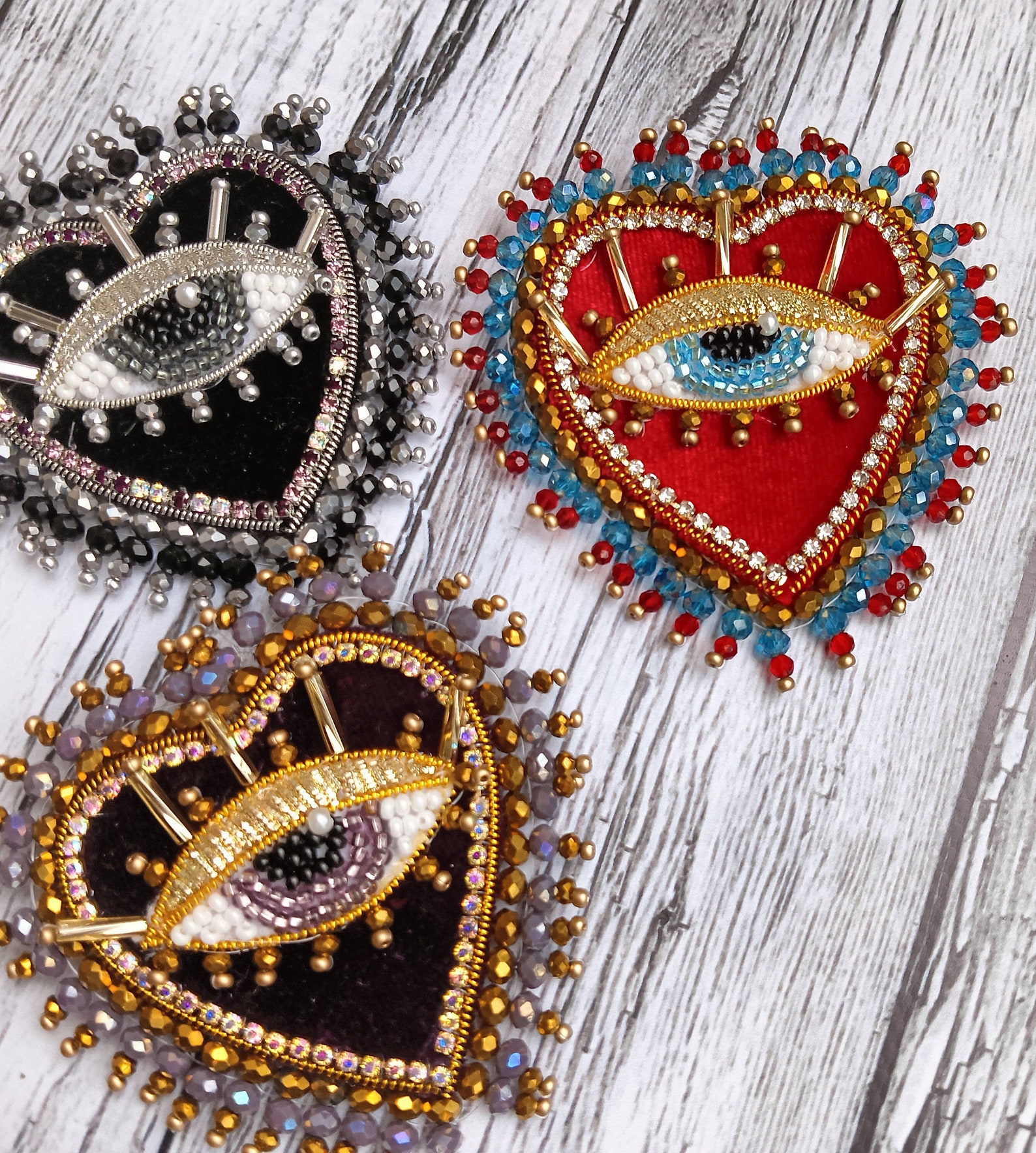 Black Velvet Heart Evil Eye Brooch Black Silver Beaded Brooch - Etsy