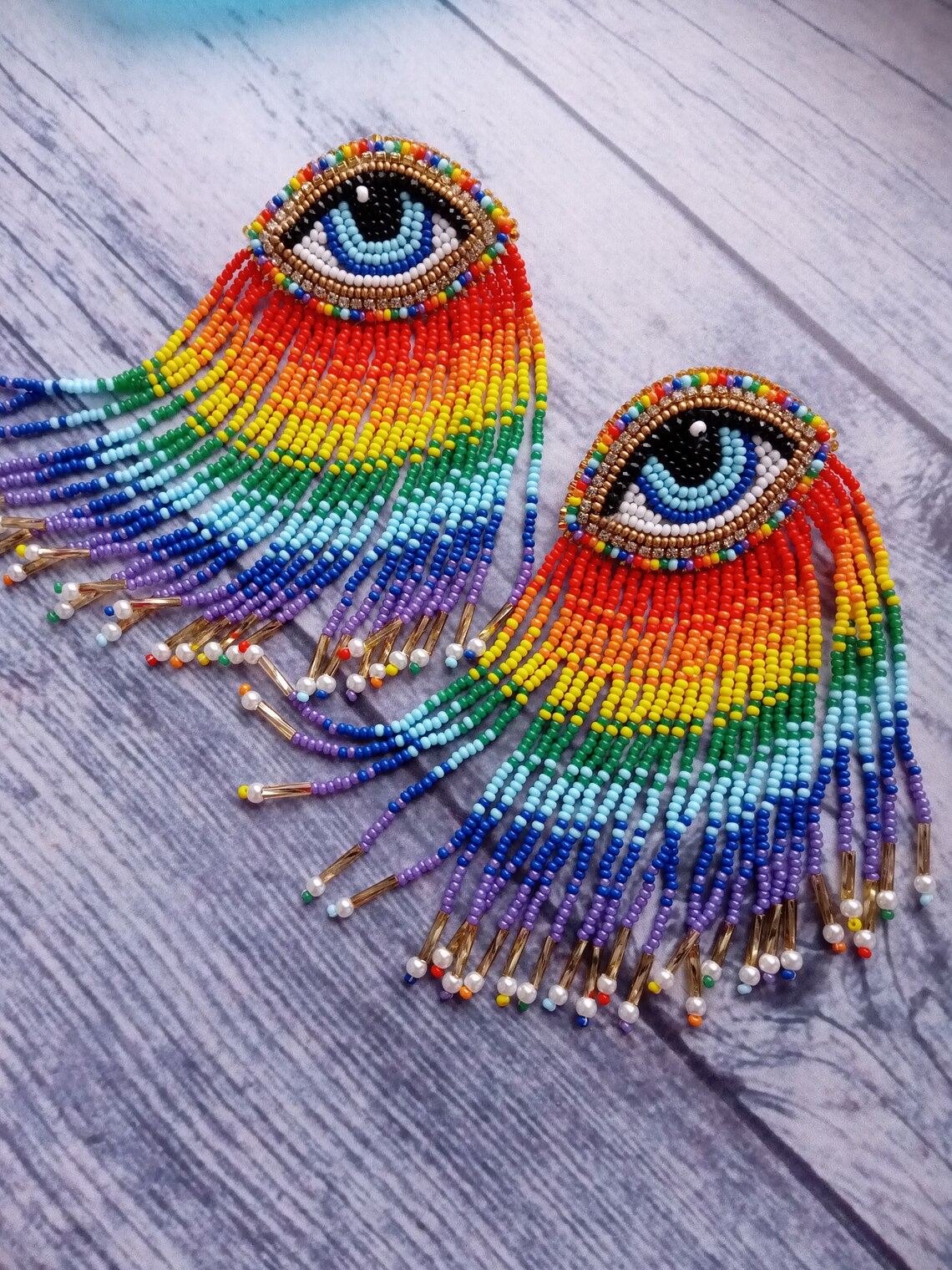 Evil eye earrings Big rainbow eye earrings Beaded fringe | Etsy