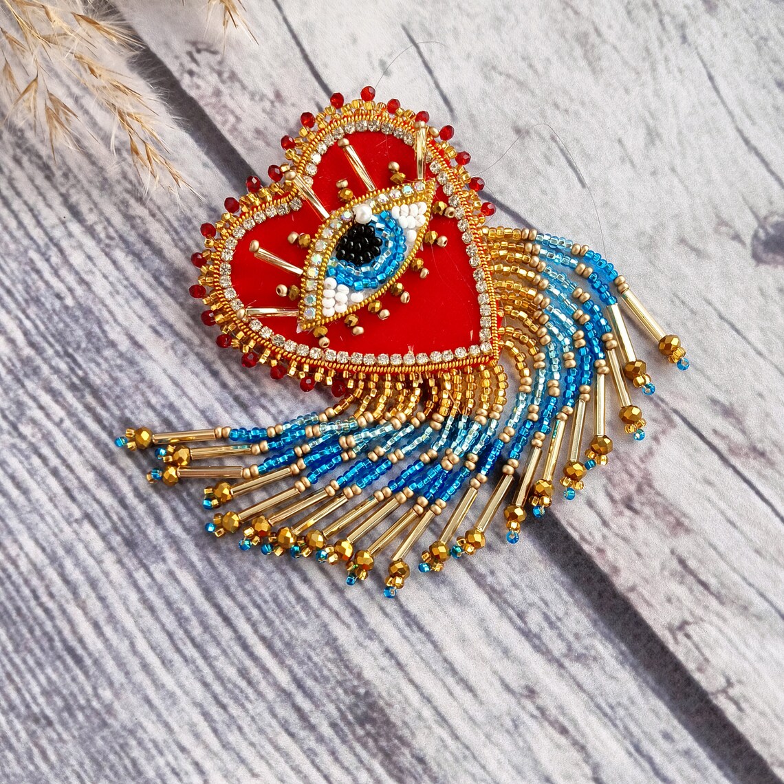 Red Velvet Heart Blue Evil Eye Brooch Heart Beaded Fringe Brooch ...