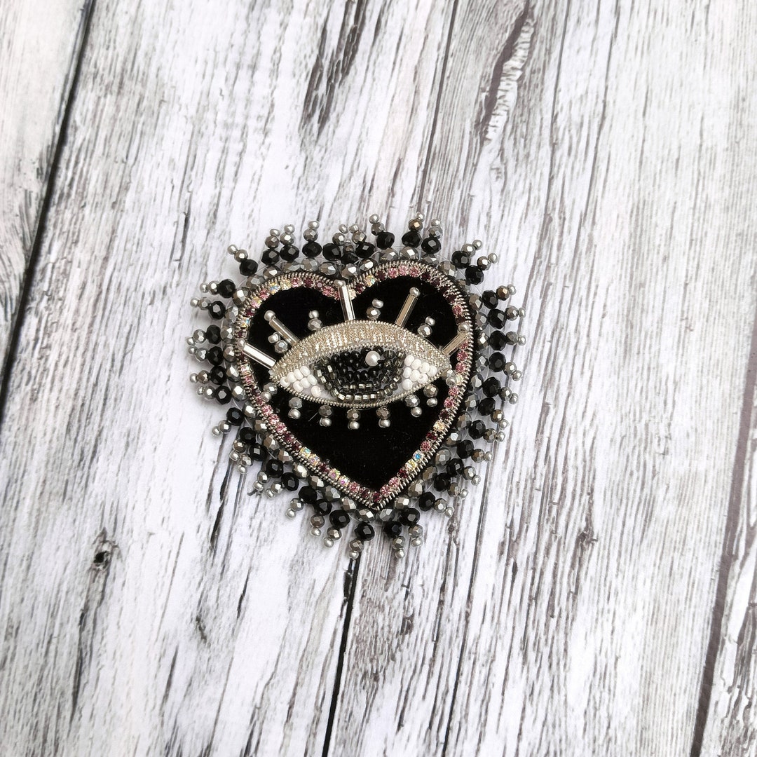 Black Velvet Heart Evil Eye Brooch Black Silver Beaded Brooch - Etsy